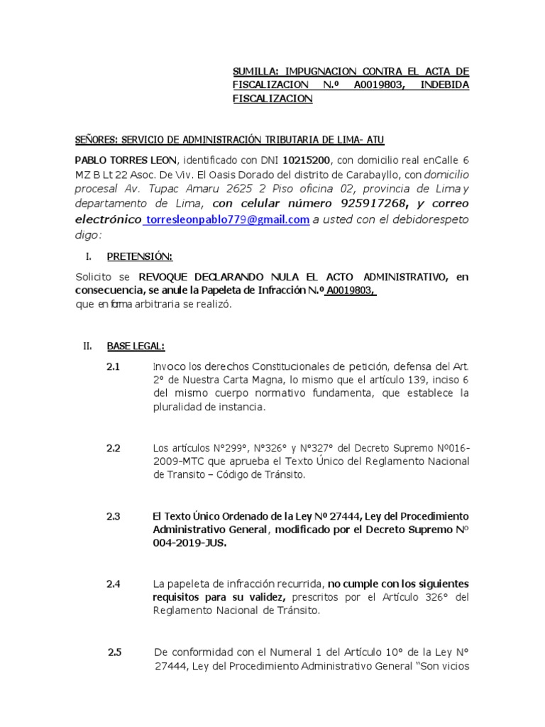 Modelo de Escrito de Papeleta | PDF | Debido al proceso | Regulación