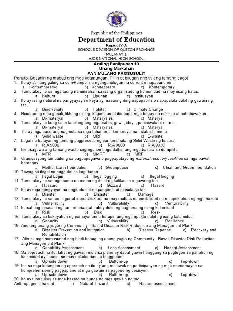 AP10 - Pretest - 1st Q | PDF