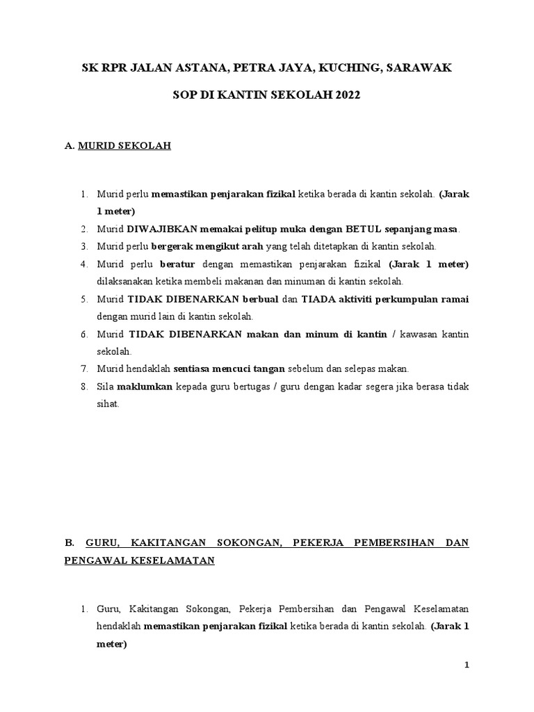 Sop Di Kantin Sekolah 2022 - SK RPR Jalan Astana | PDF