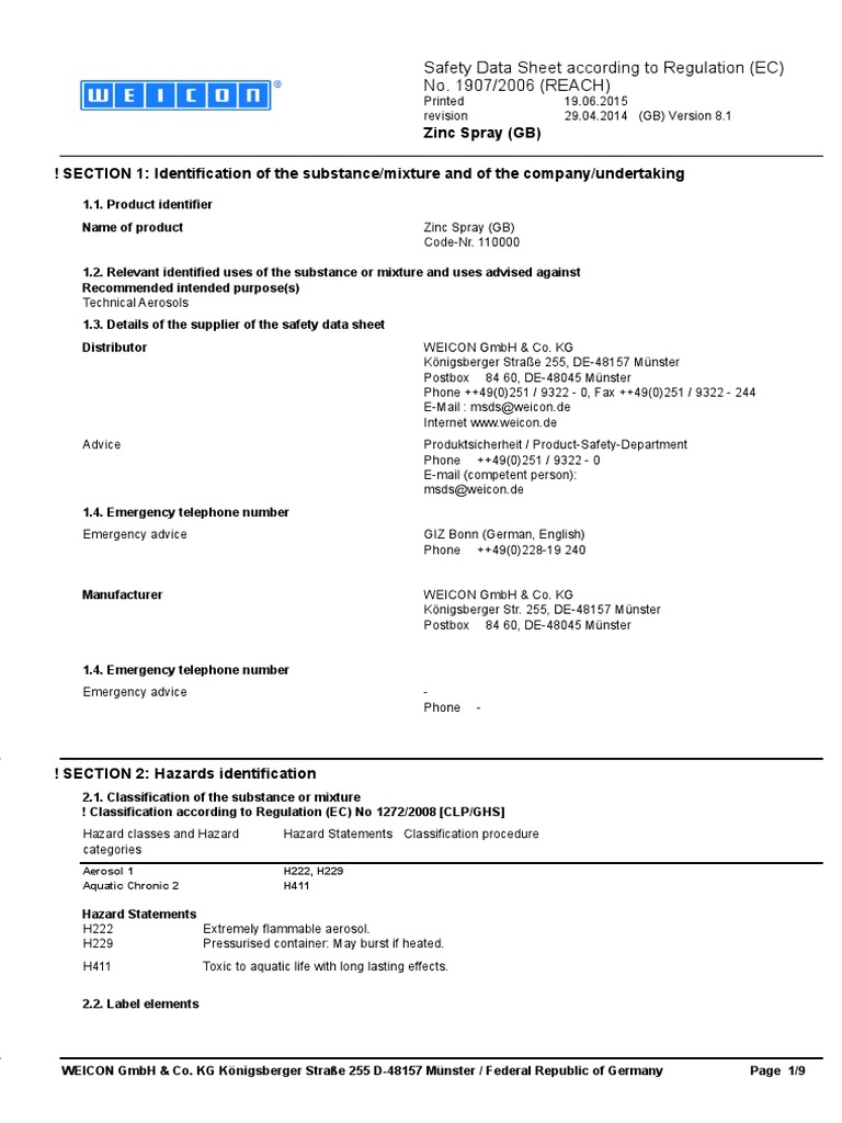 Weicon Zinc Spray SDS | PDF | Firefighting | Physical Sciences