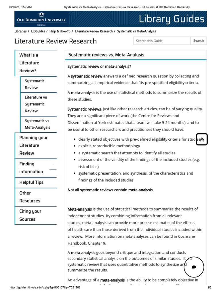 Systematic Vs Meta-Analysis - Literature Review Research - LibGuides at ...