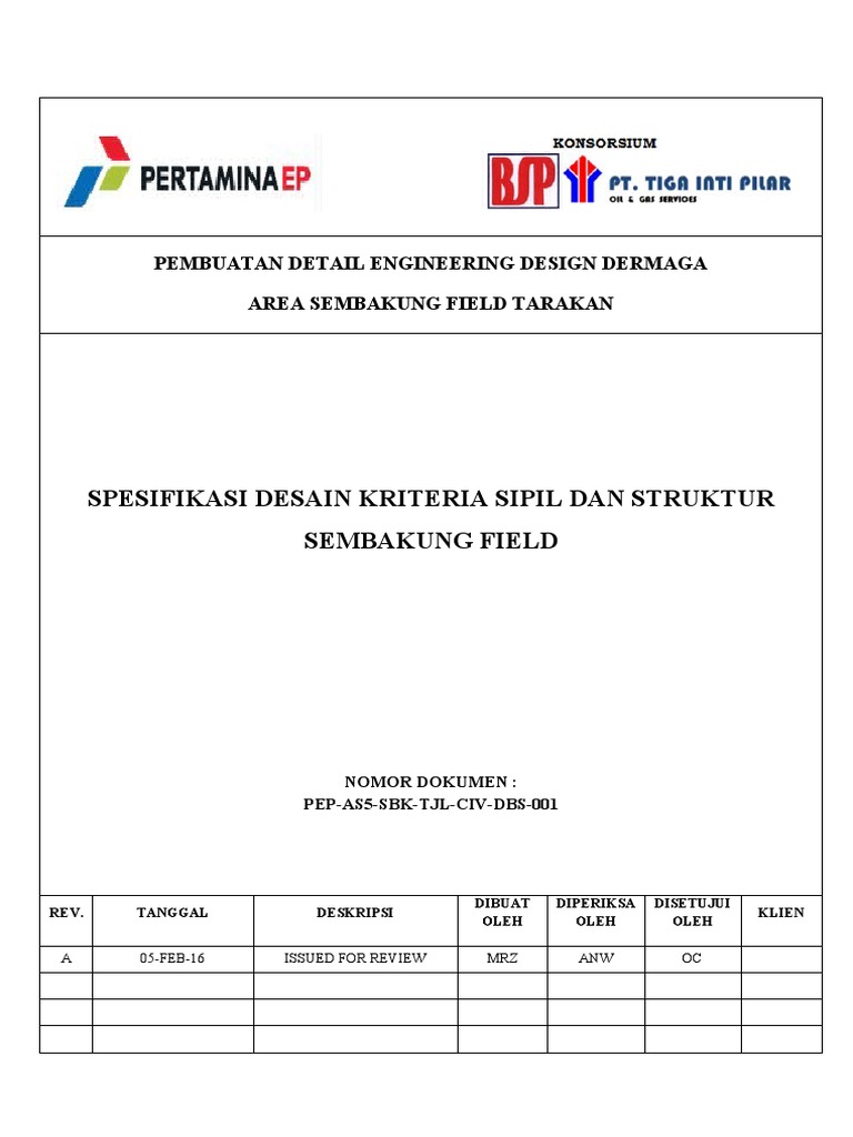 PEP AS5 SBK JTL CIV DBS 001 Spesifikasi Desain Kriteria Sipil Dan Struktur Rev.A | PDF
