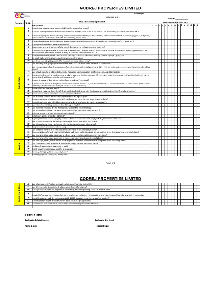 Daily Housekeeping Checklist | PDF | Housekeeping | Toilet
