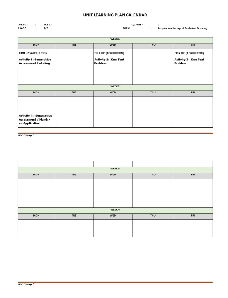 2022 - Tle-Ict Template22 - Unit Learning Plan Calendar | PDF