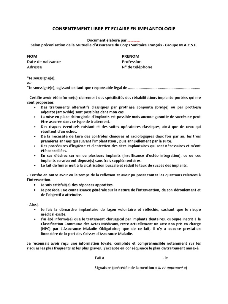 Consentement éclairé en implantologie | PDF | Implant dentaire | Assurance
