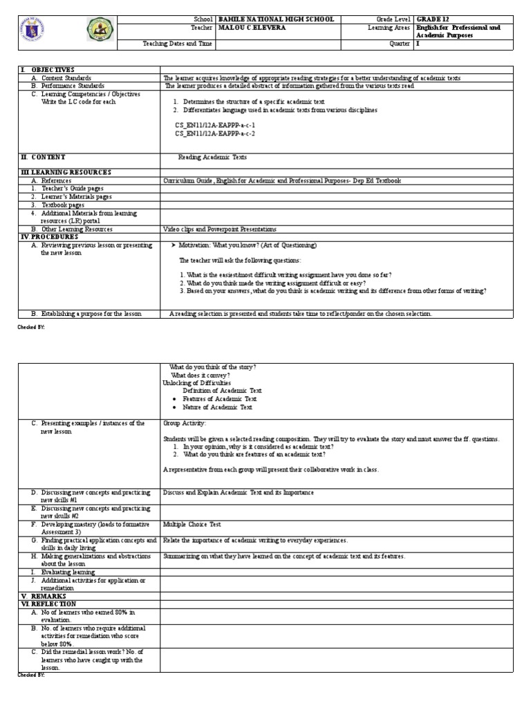 DLL - English For Acad | PDF | Learning | Teaching Method