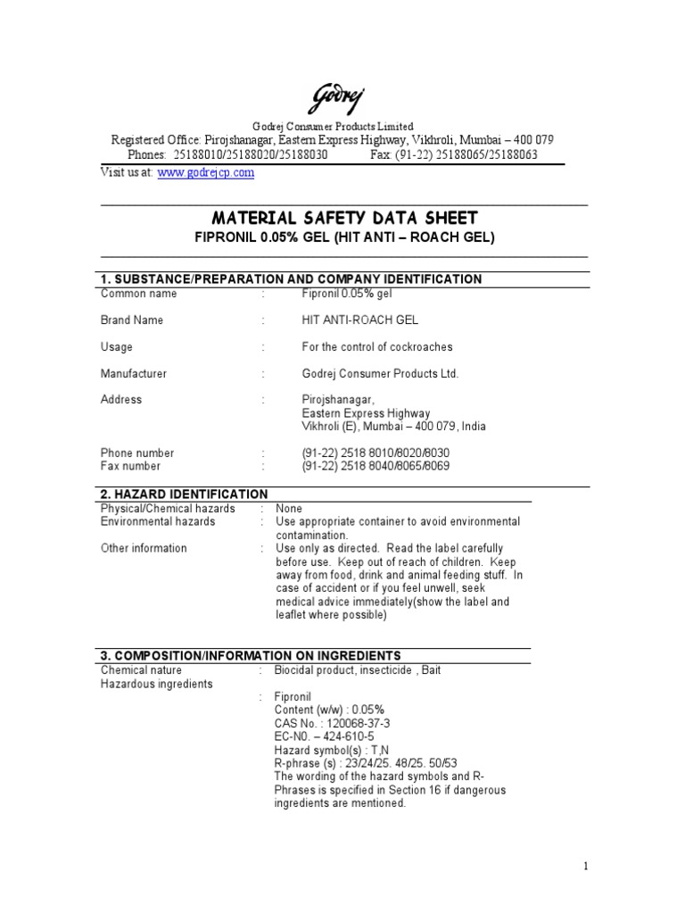 Hit Anti Roach Gel Msds | PDF | Toxicity | Water