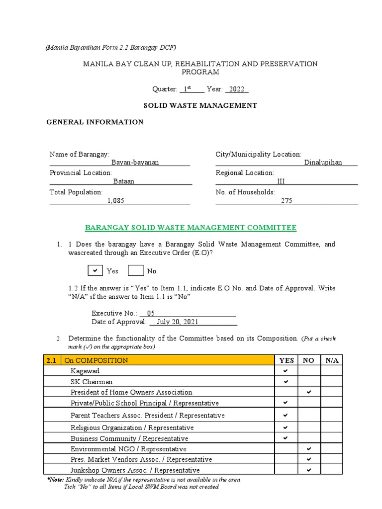 Solid Waste Management General Information: (Manila Bayanihan Form 2.2 ...