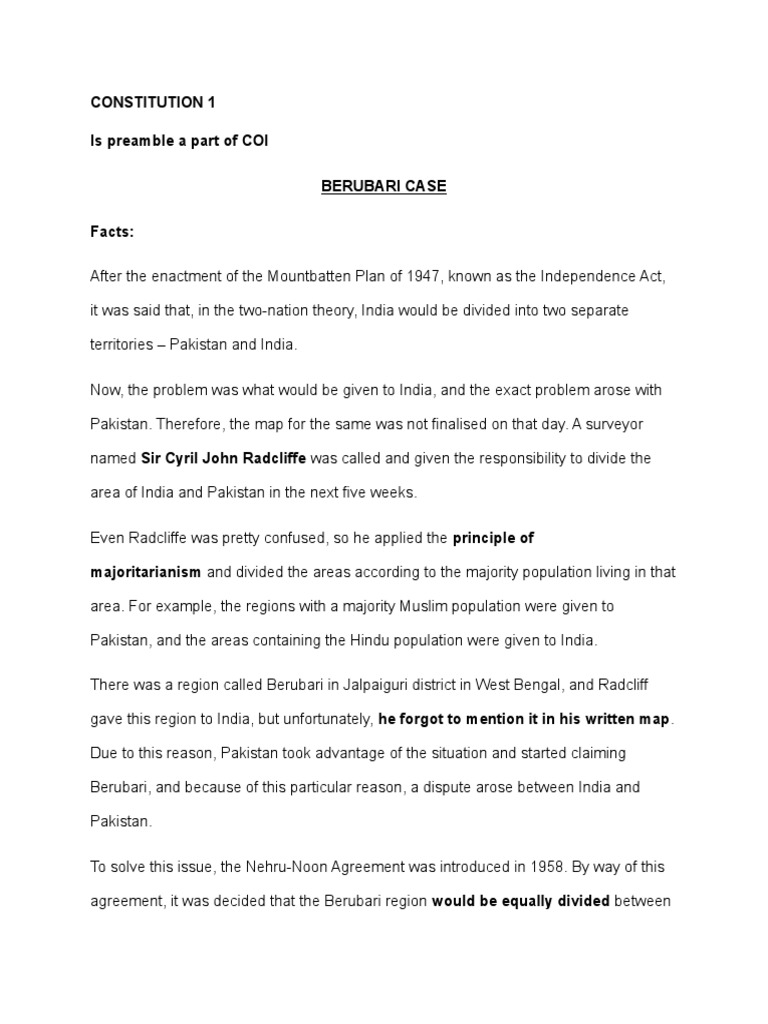 Berubari Case | PDF | Constitutional Law | Government