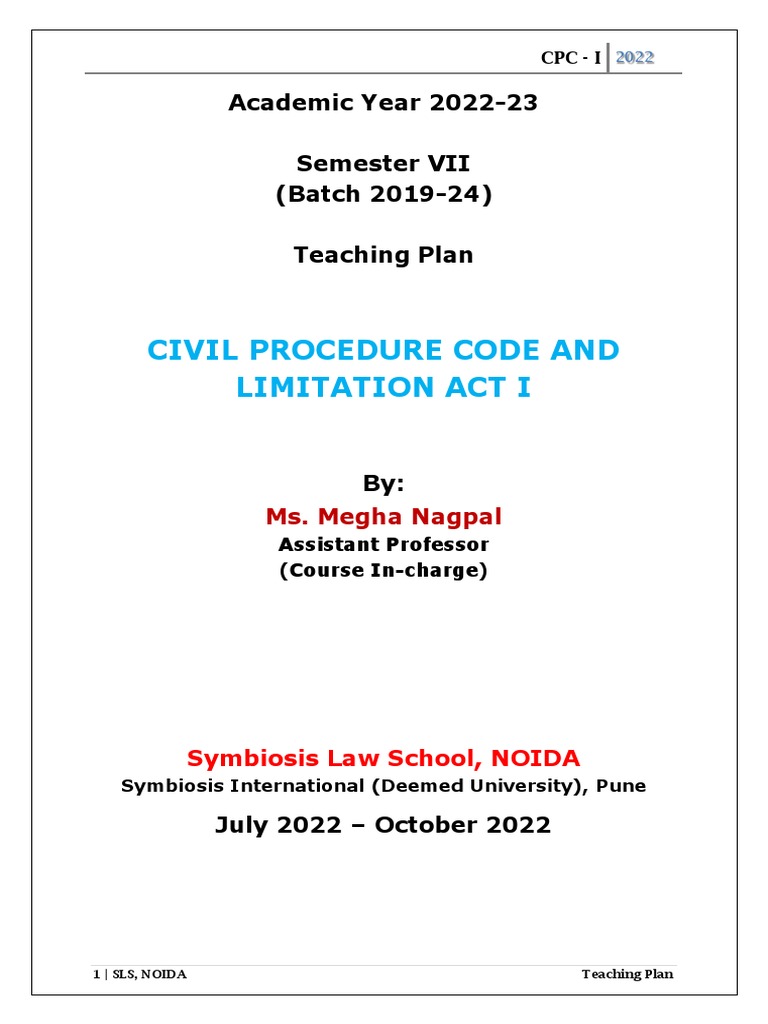 Teaching Plan - CPC I - Sem VII - July-Oct.'22 - B.2019-24 | PDF | Lawsuit | Educational Assessment