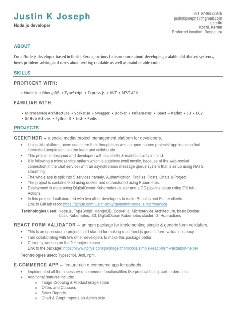 Justin Nodejs Developer Resume | Download Free PDF | Computing ...