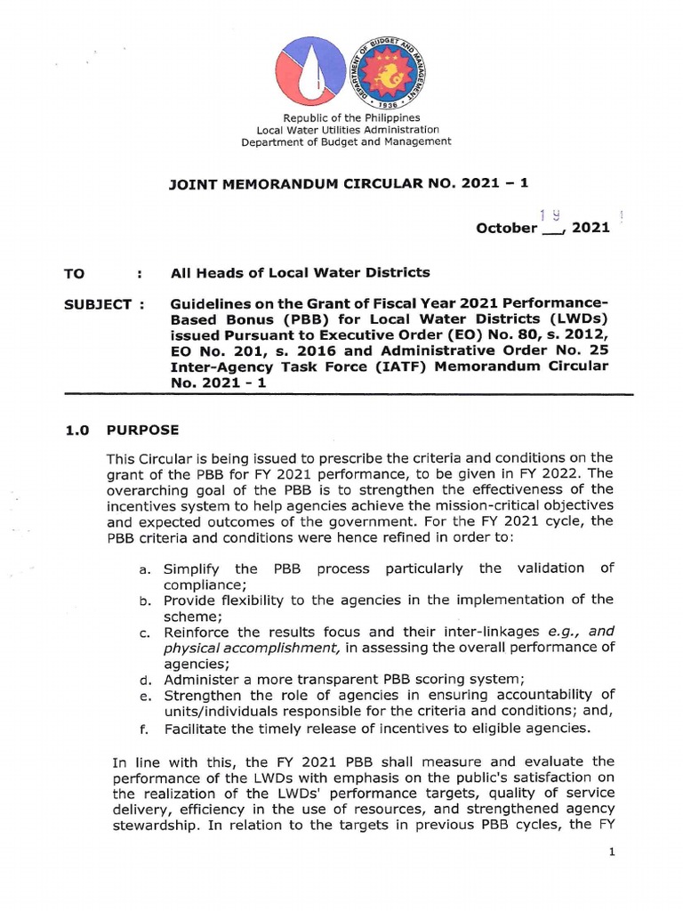 LWUA DBM Joint Memorandum Circular No - PBB 2021 1 | PDF