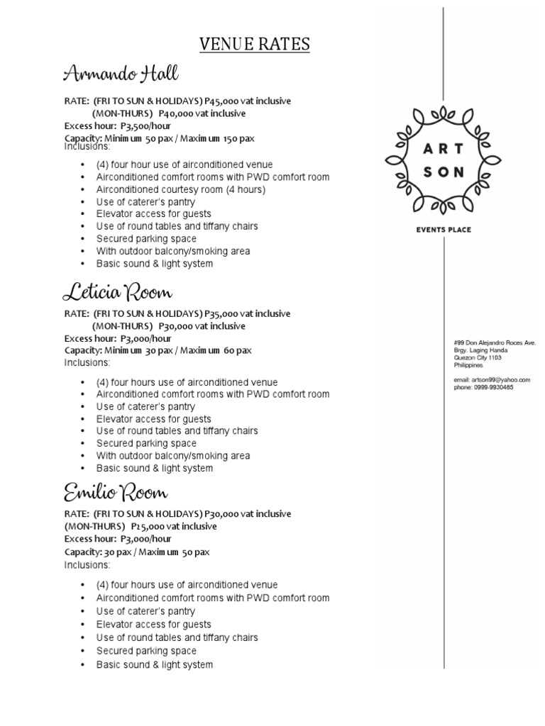 Artson Venue Rates 2022 | PDF