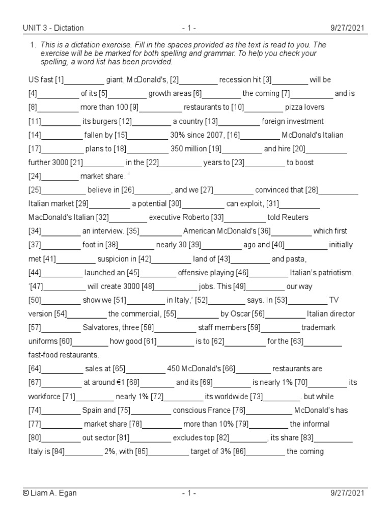 Dictation Exercise Pdf Mc Donald S Italy