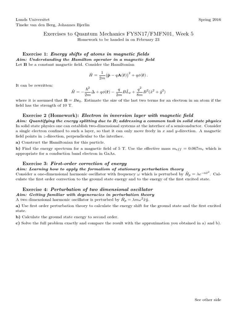 Exercise 5 | Download Free PDF | Perturbation Theory (Quantum Mechanics ...