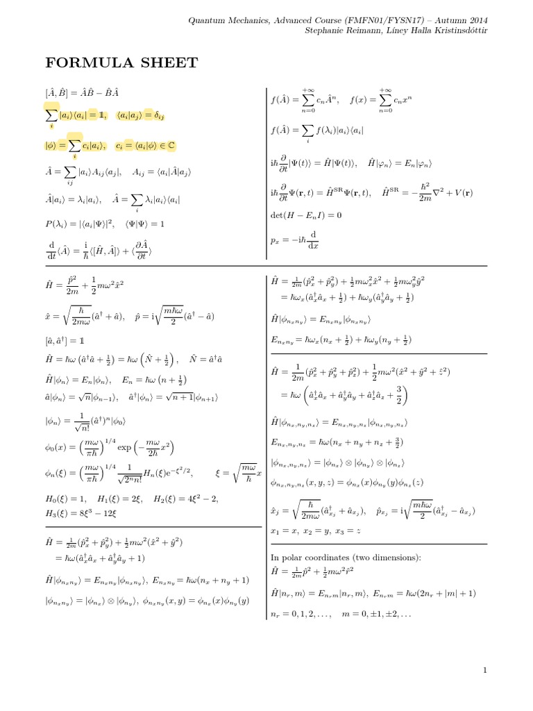 Formula Sheet Noted | PDF | Physics | Quantum Mechanics
