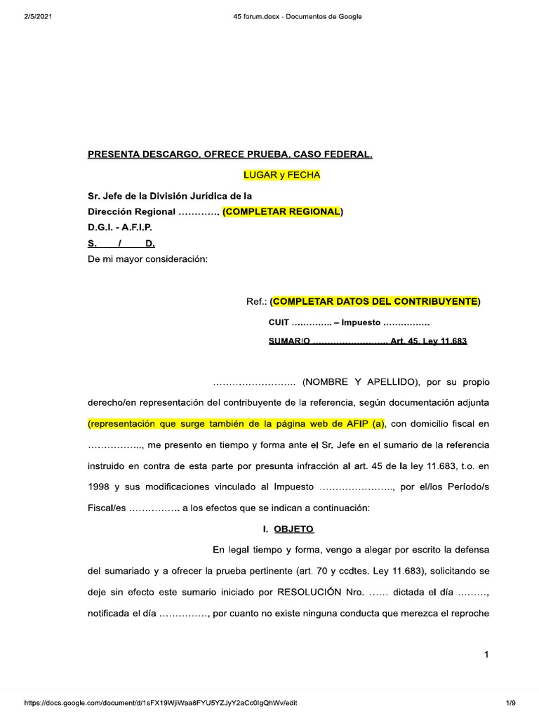 Nota Modelo Descargo Multa Art.45 Unlocked | PDF