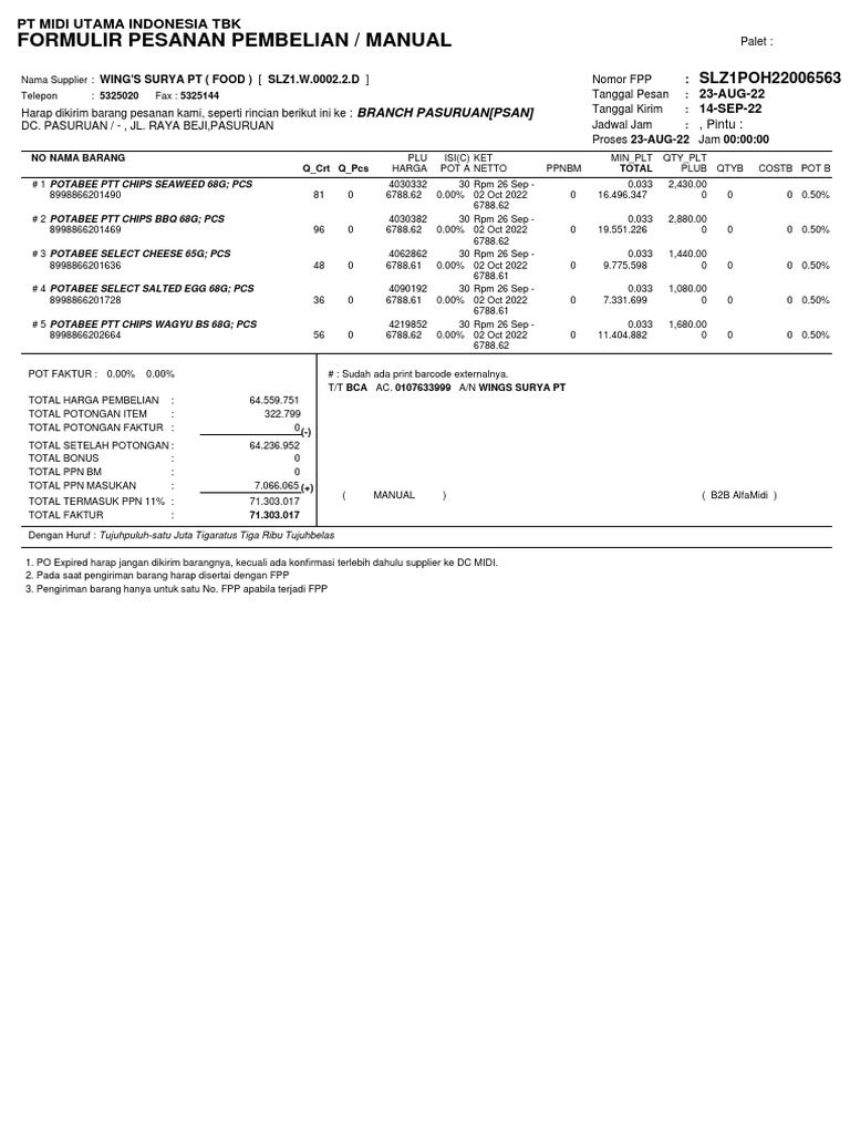 Pesanan Pembelian PT MIDI Utama | PDF