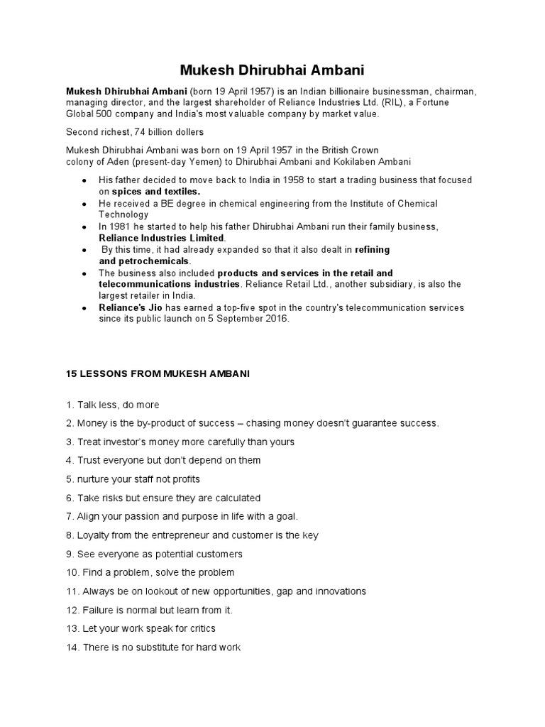 Mukesh Dhirubhai Ambani | PDF | Economies | Business