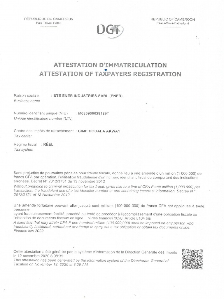 Attestation d'Immatriculation | PDF