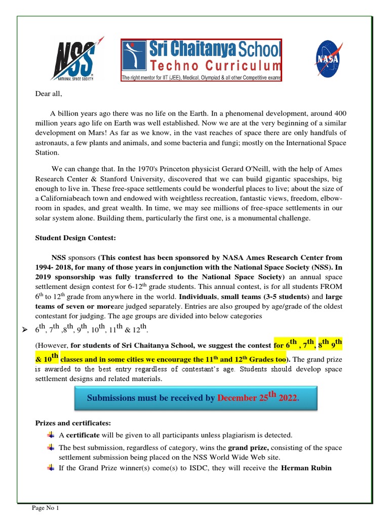 NSS Space Settlement Contest Information & Undertaking Letter (2023 ...