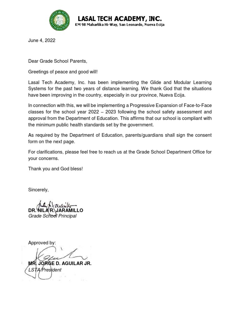 Grade School Parents Consent Letter | PDF | Health Sciences | Public Health