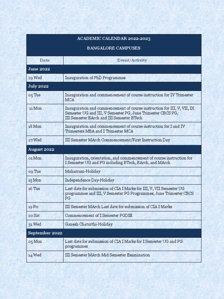 Christ University Academic Calendar 2022-23 | PDF | Academic Term ...