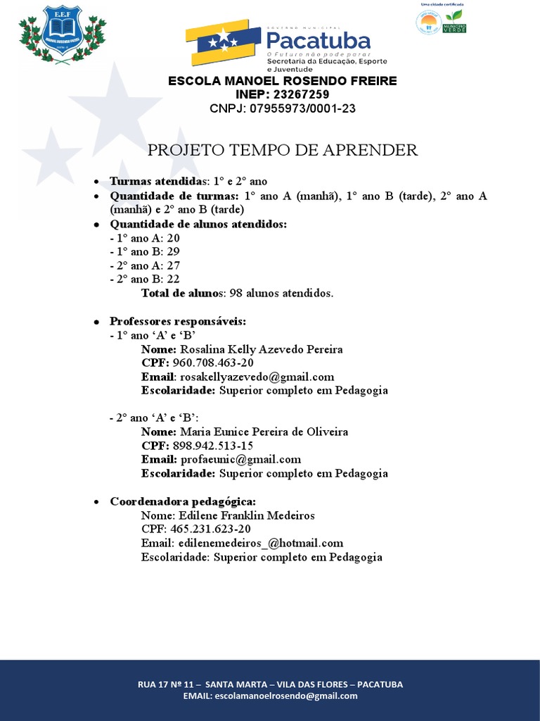 Dados Projeto Tempo de Aprender | PDF