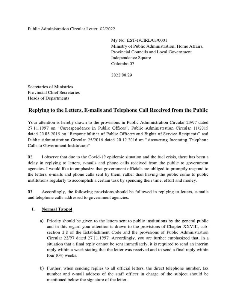 Circulr - Replying To The Letters, E-Mails and Telephone Call Received ...