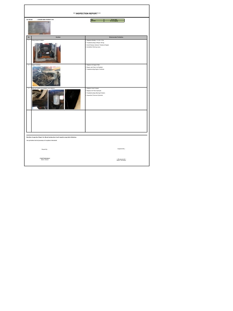 Inspection Report Mini Loader Forway | PDF | Manufactured Goods | Equipment