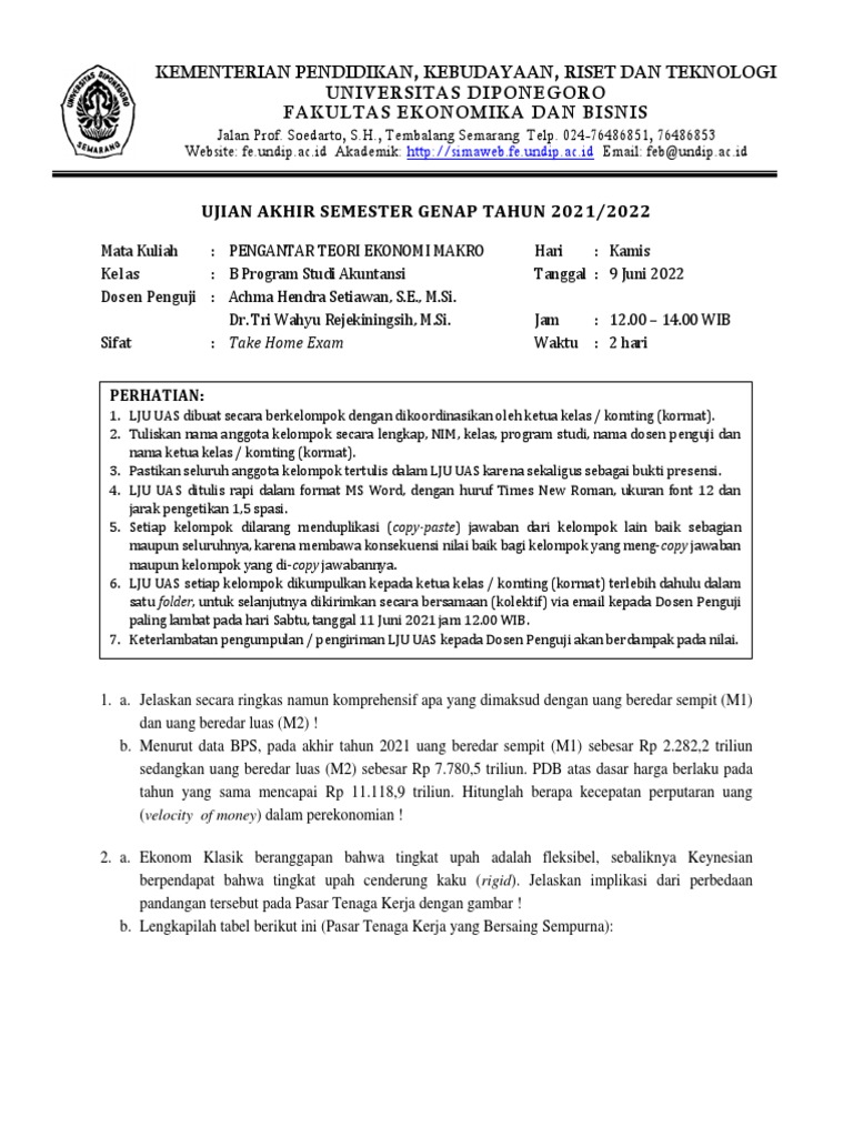 Soal Uas Pengantar Teori Ekonomi Makro 10-06-2021 | PDF
