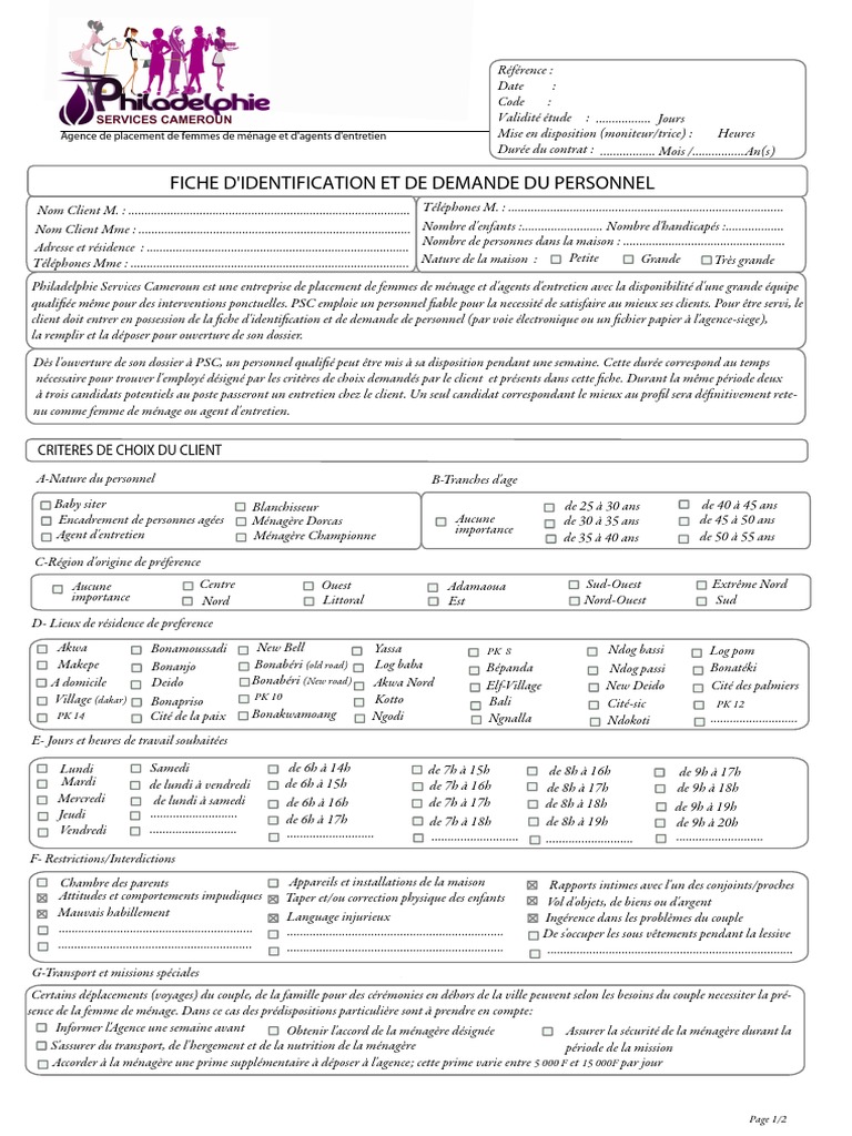 Fiche d'identification du personnel ménager | PDF