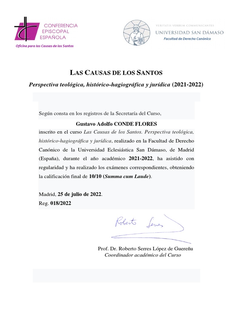 Conde Flores, Gustavo Adolfo CERTIFICADO Curso Causa-Santos | PDF