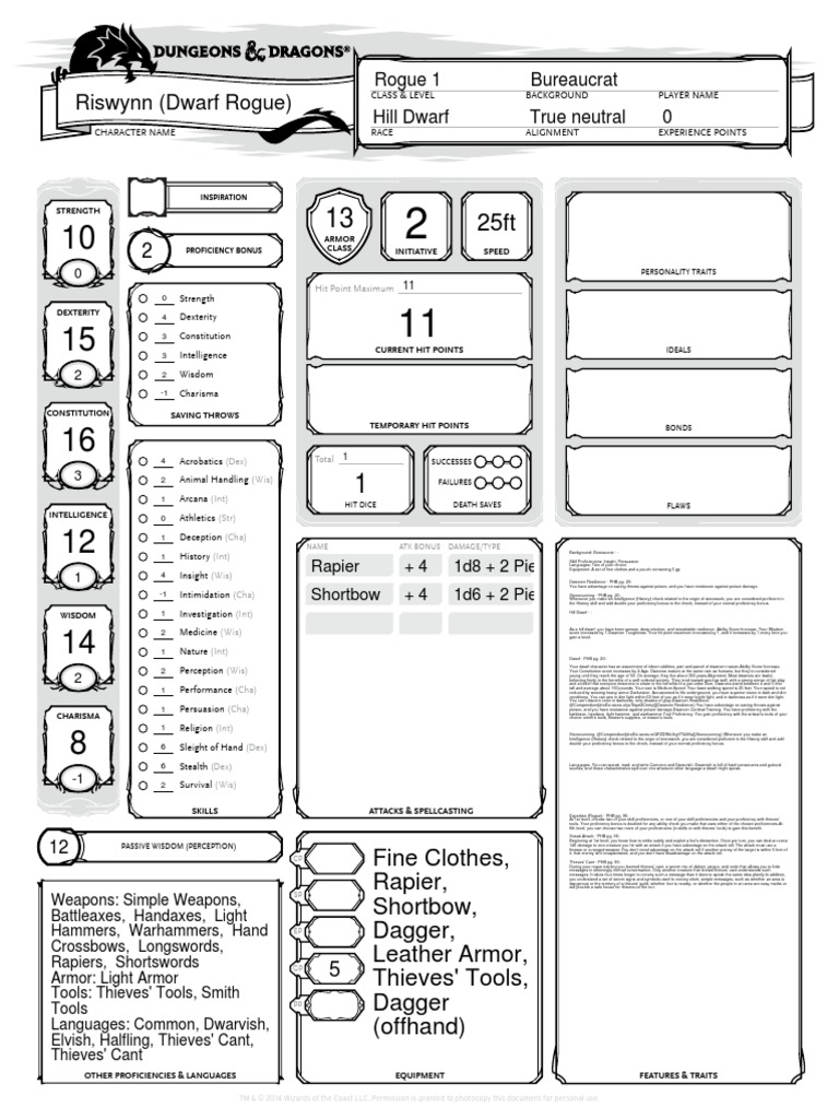 Riswynn (Dwarf Rogue) | PDF | Dwarf (Dungeons & Dragons) | Role Playing Games
