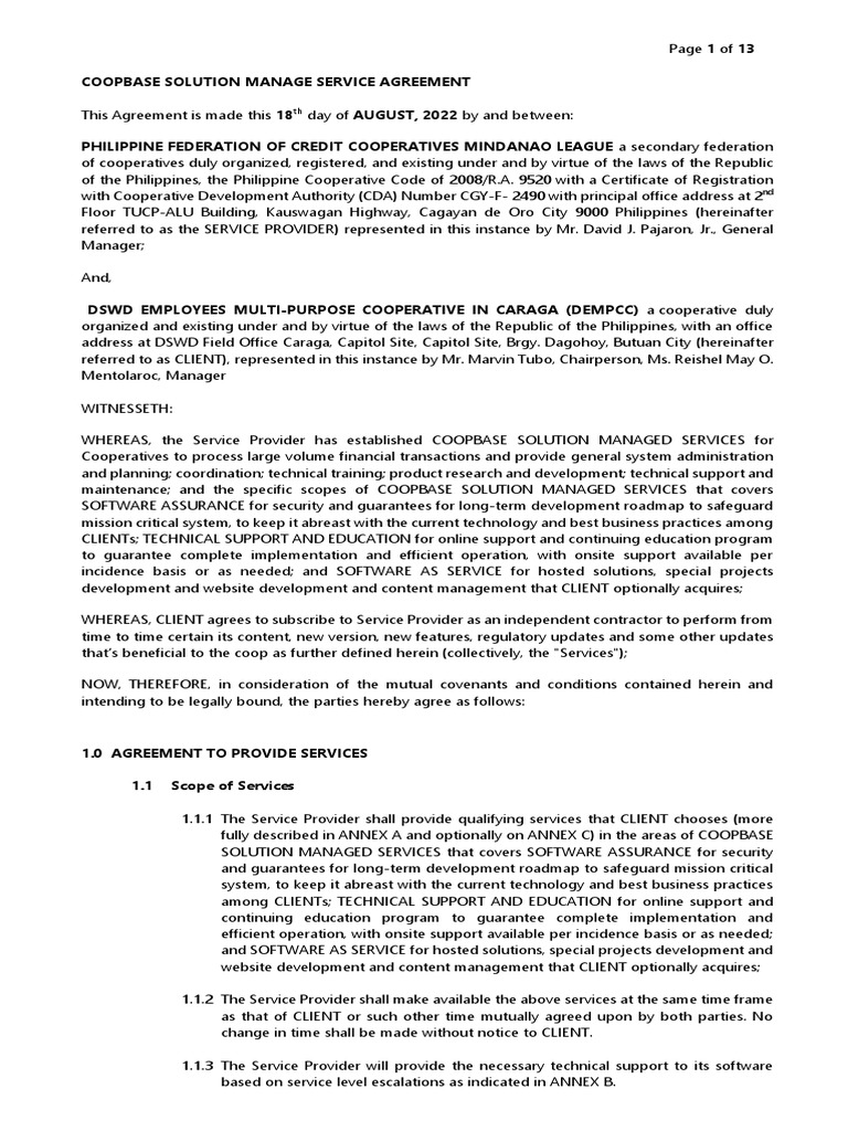 COOPBASE SOLUTION SERVICE AGREEMENT | PDF | Legal Liability | Damages