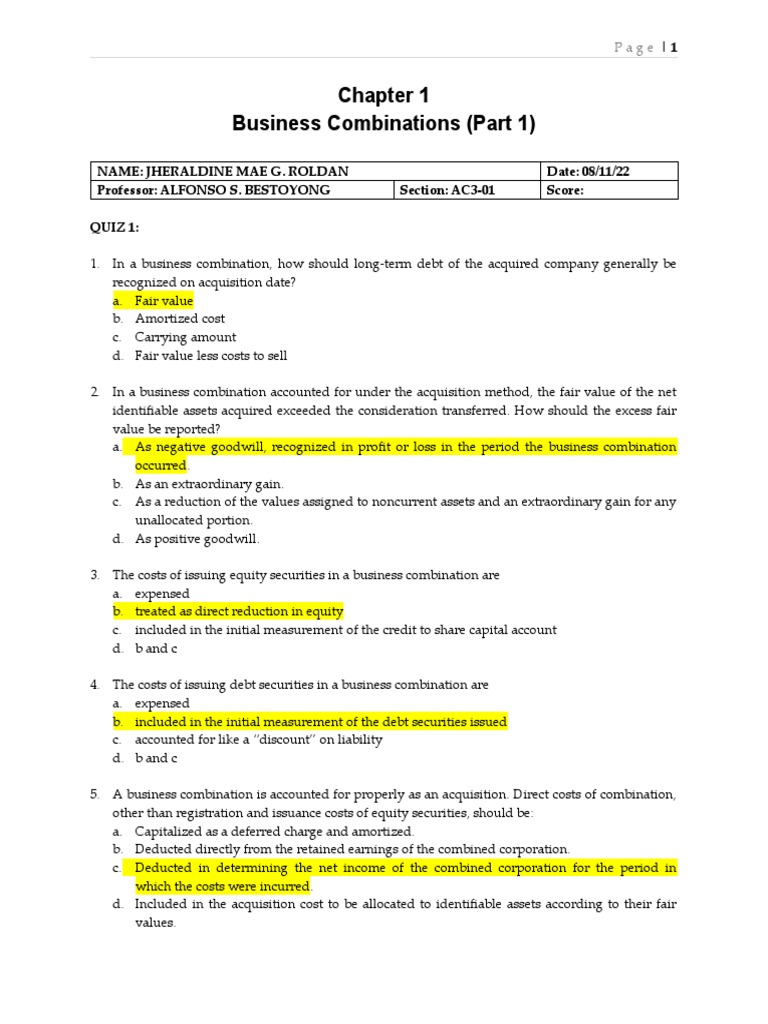 C01 QUIZ Chap1 BusiCom-Part1 ROLDAN | PDF | Goodwill (Accounting) | Equity (Finance)
