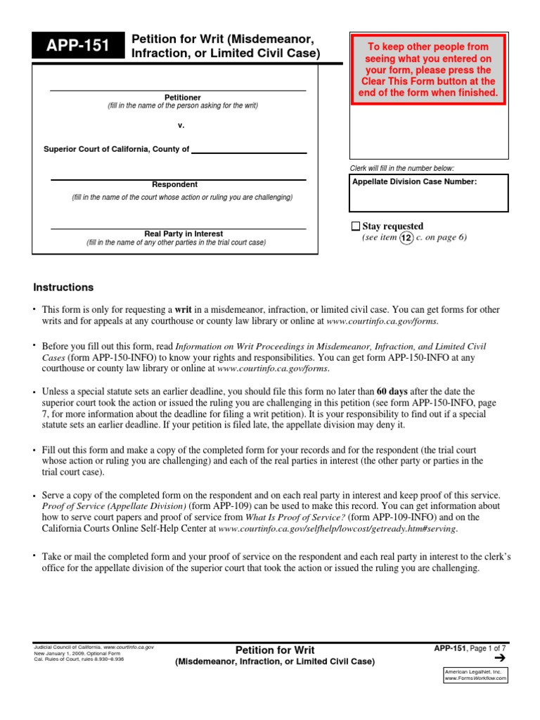 Petition For Writ (Misdemeanor, Infraction, or Limited Civil Case ...