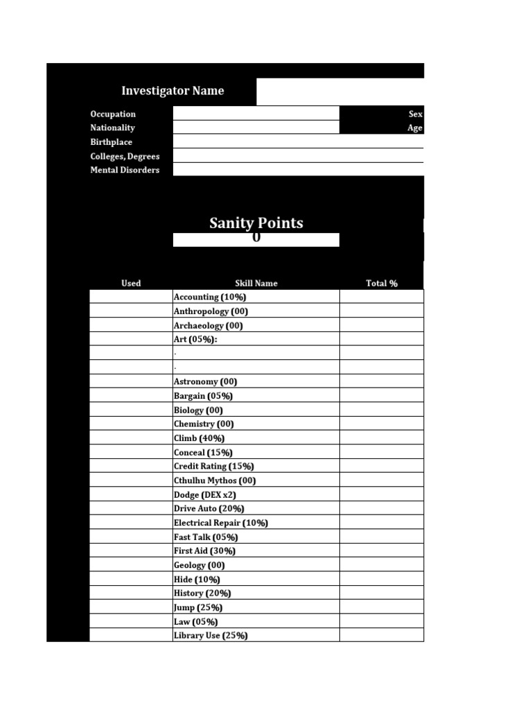 Call of Cthulhu Investigator Sheet | PDF | Firearms | Securities