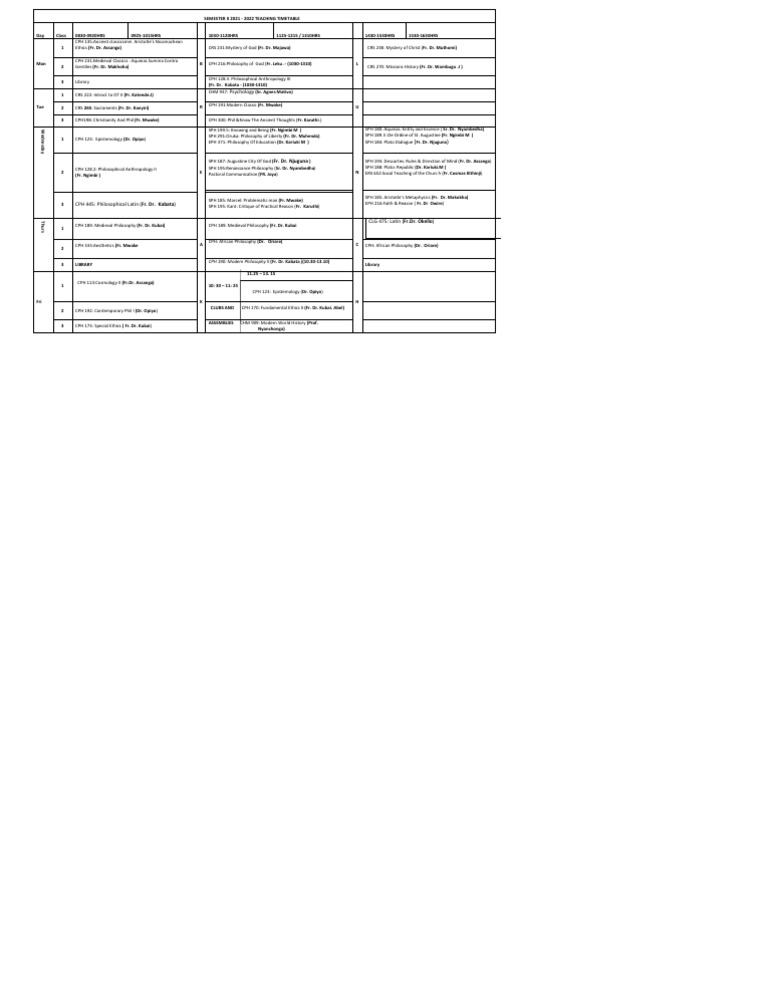 Consolata Philosophy Institute SEM II TIME-TABLE 2021 - 2022 | PDF ...