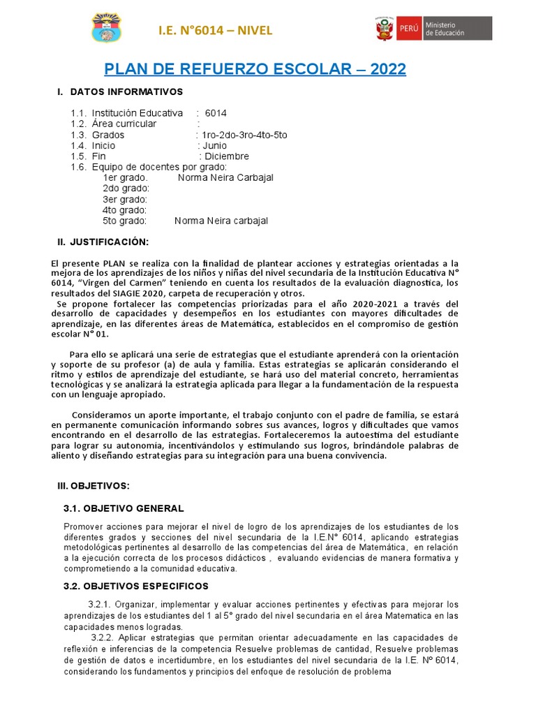 Modelo-Plan de Refuerzo-Secundaria | PDF | Evaluación | Aprendizaje