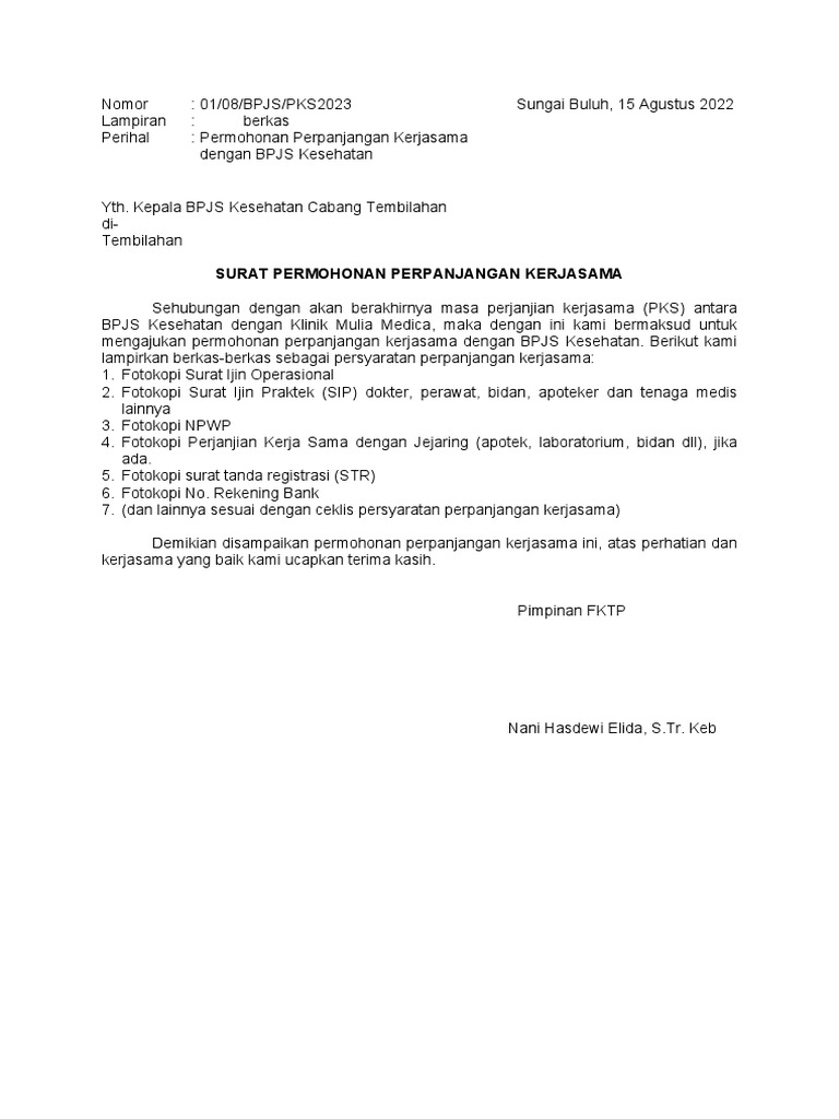 Draft Surat Permohonan Perpanjangan Kerjasama | PDF