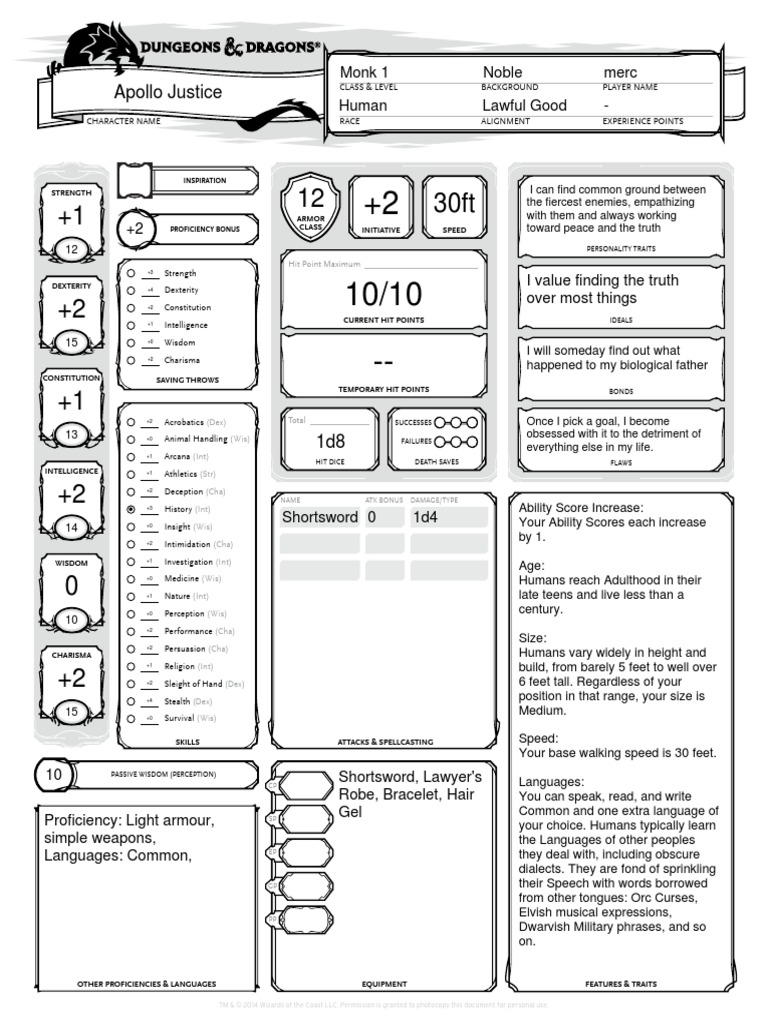Apollo Justice: Monk 1 Noble Merc Human Lawful Good | PDF