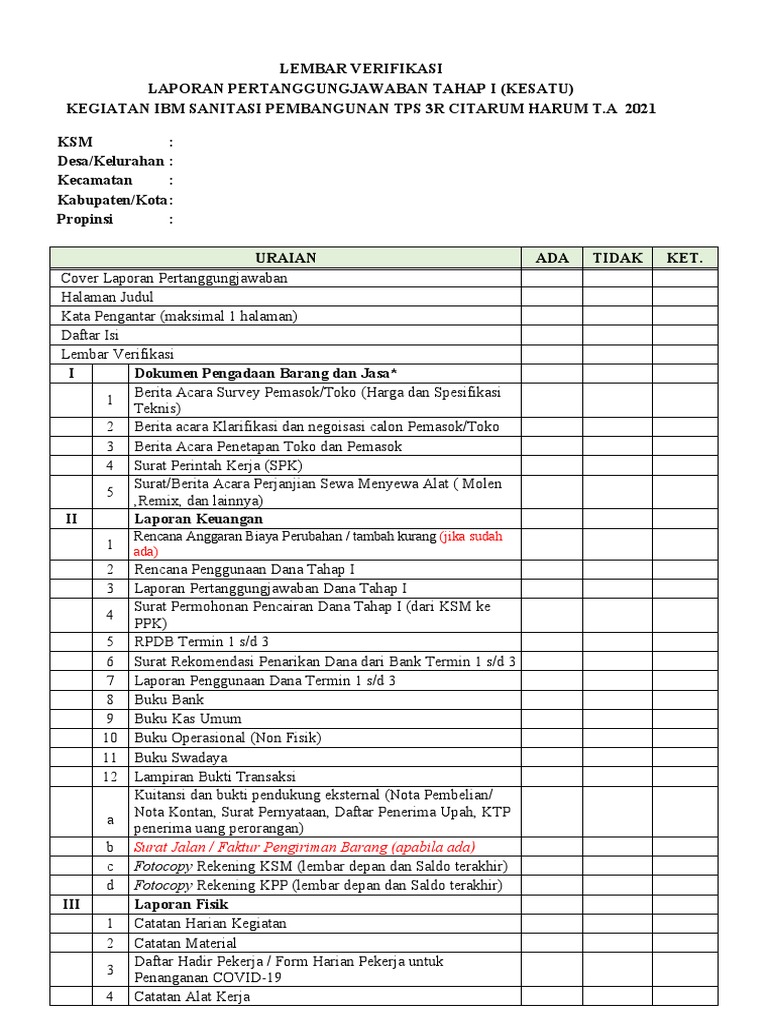 LEMBAR VERIFIKASI LPJ I,,II Dan Laporan Akhir KSM (IBM) TPS3R | PDF