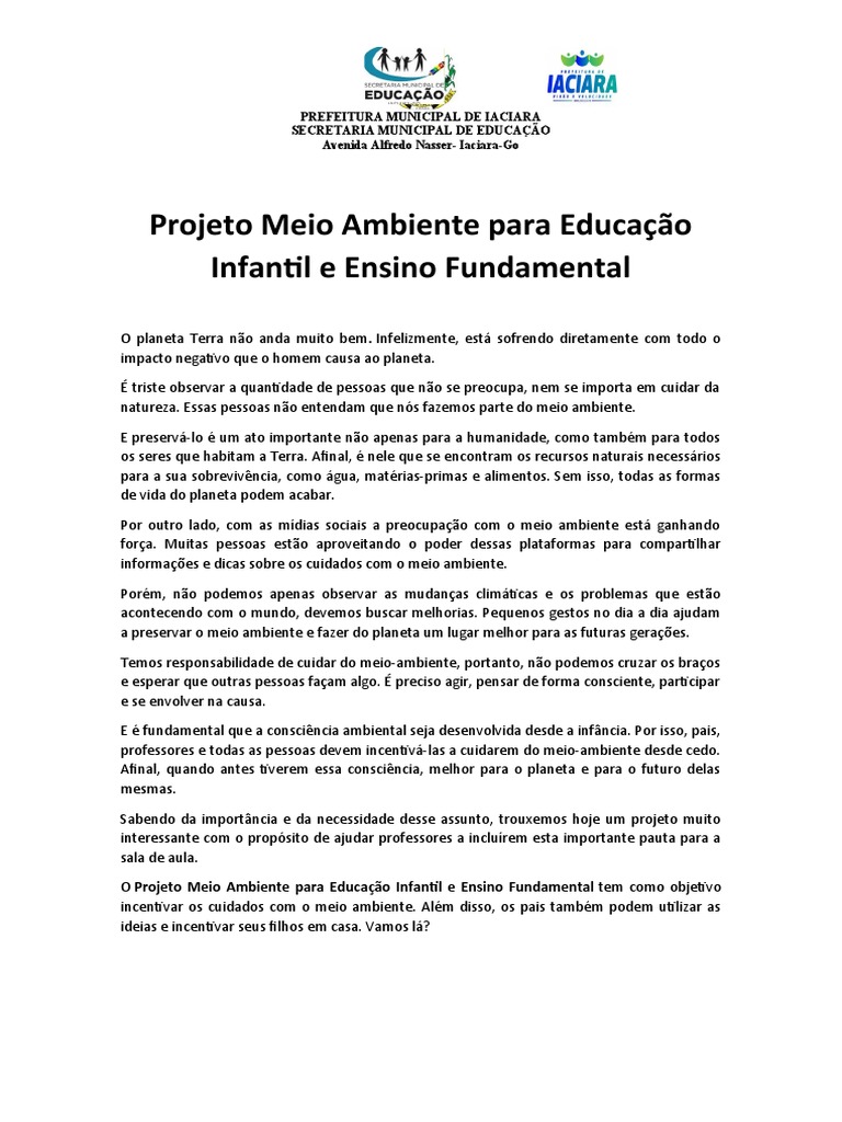 Projeto Meio Ambiente para Educação Infantil e Ensino Fundamental | PDF ...