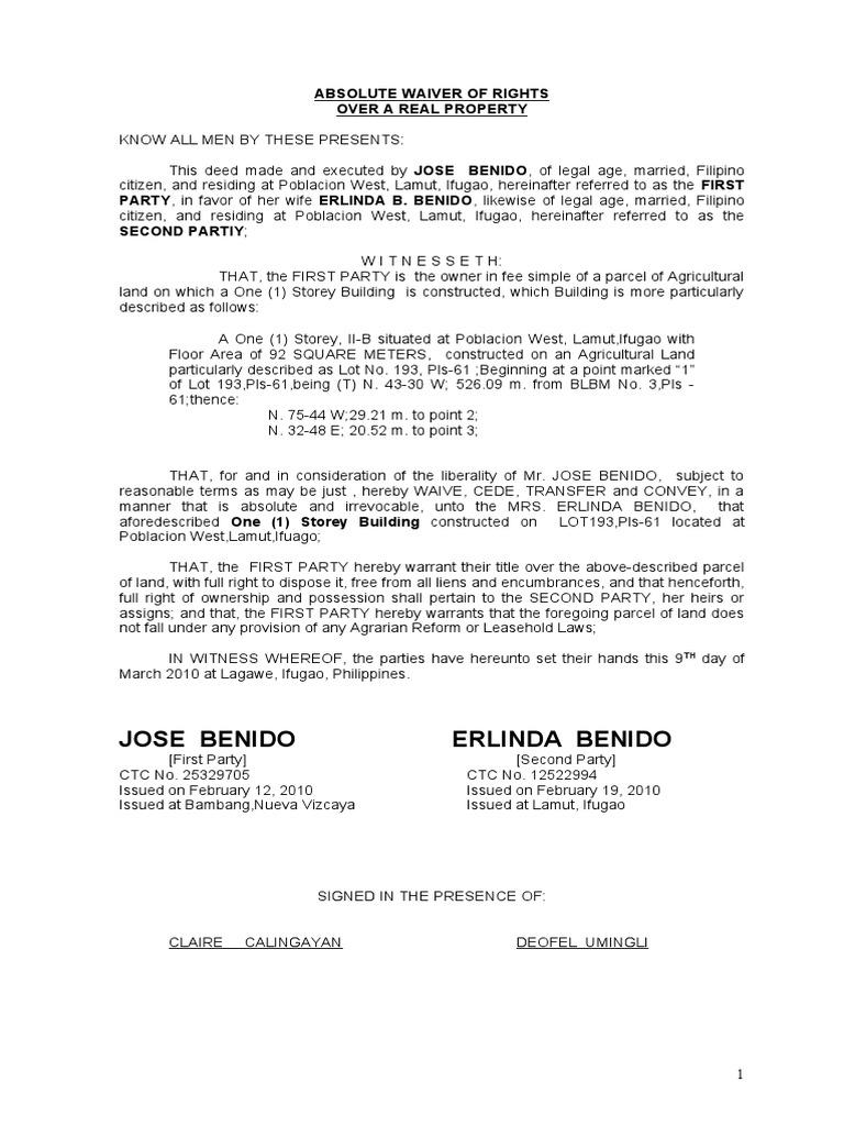 Absolute Waiver of Rights-Benido | PDF | Civil Law (Legal System ...