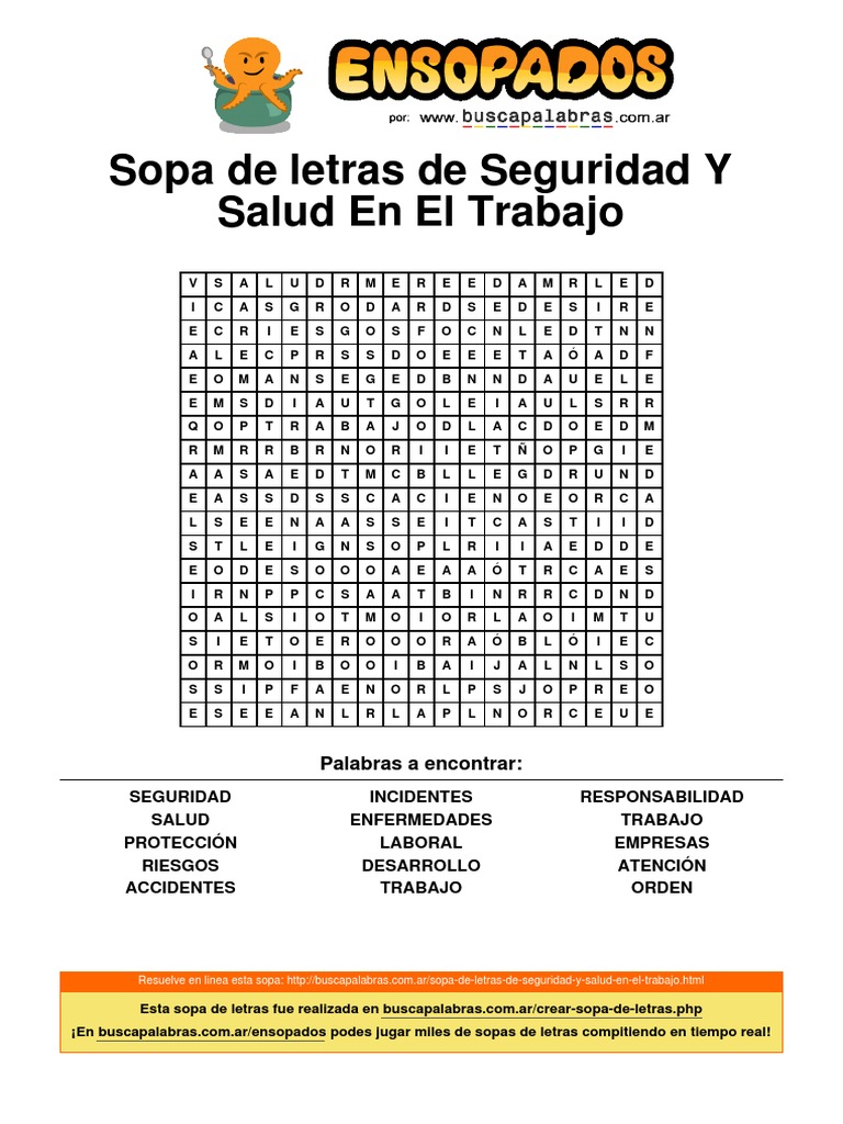 Sopa de Letras: Seguridad y Salud Laboral | PDF