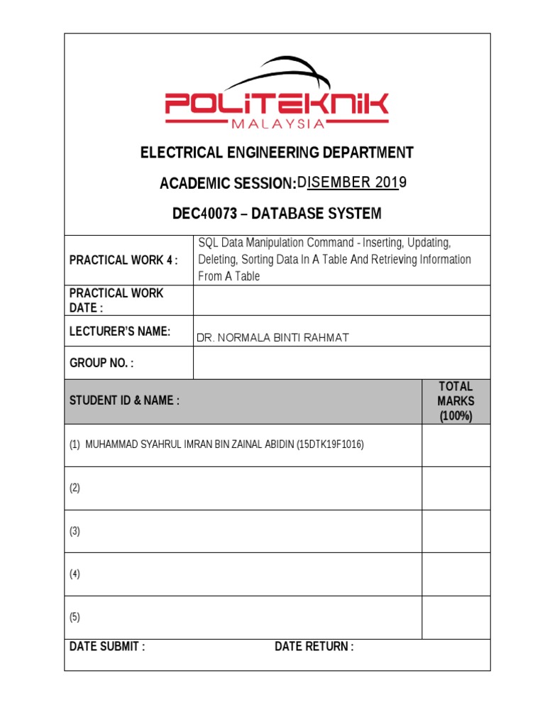 Lab 4 Dml Insert Update Delete Etc 1 Pdf Sql Databases