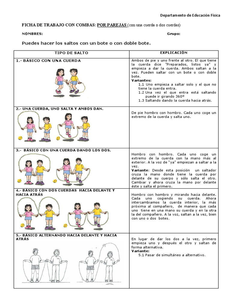 Departamento de Educación Física FICHA DE TRABAJO CON COMBAS: POR PAREJAS (Con Una Cuerda o Dos ...