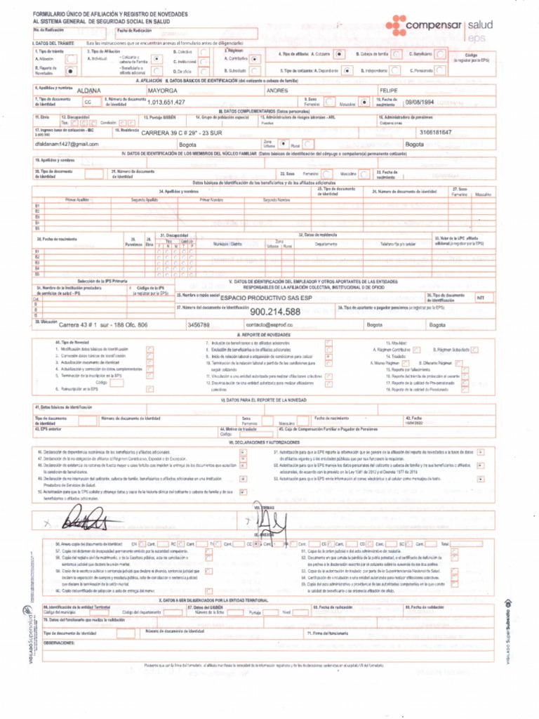 Formulario de Afiliacion Compensar Daniel Aldana | PDF