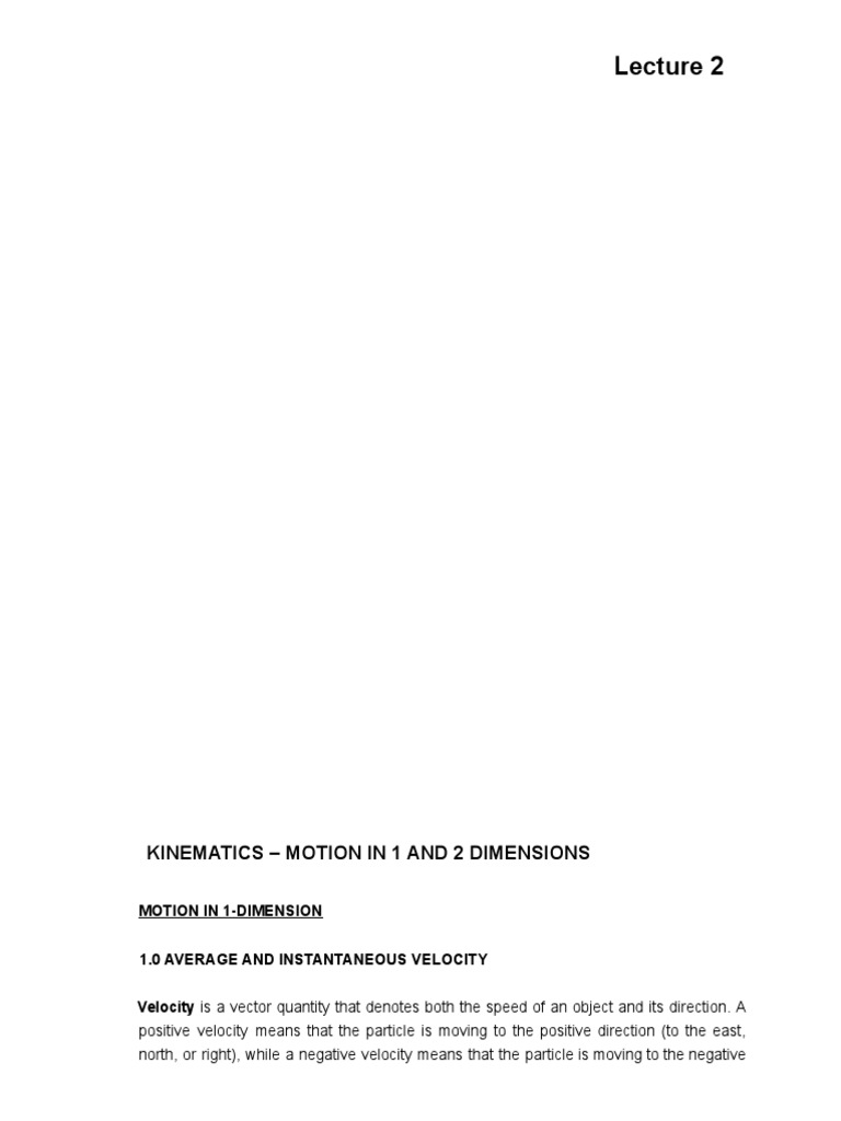 Lecture 2 - Kinematics | PDF | Velocity | Acceleration